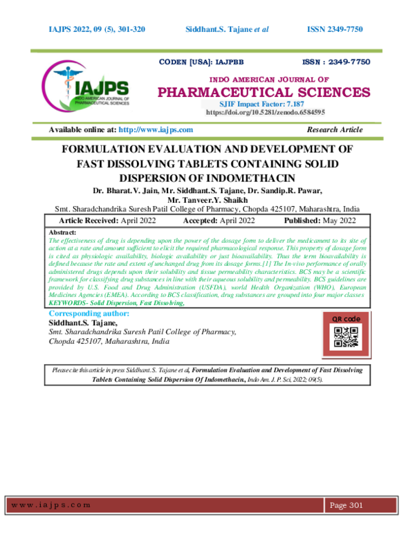 Pdf Fast Dissolving Indomethacin Tablets Via Solid Dispersion