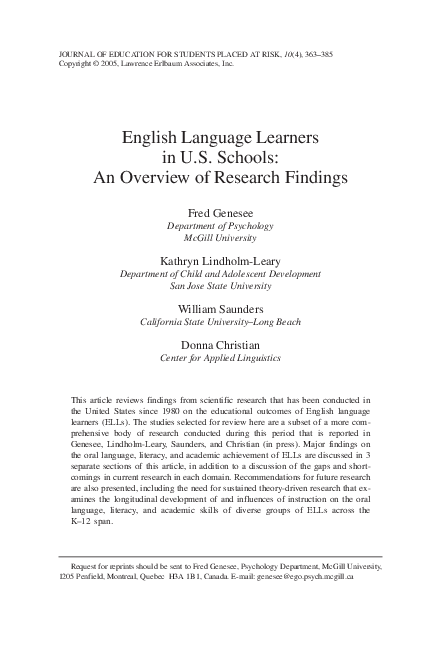 (PDF) English Language Learners in U.S. Schools: An Overview of ...