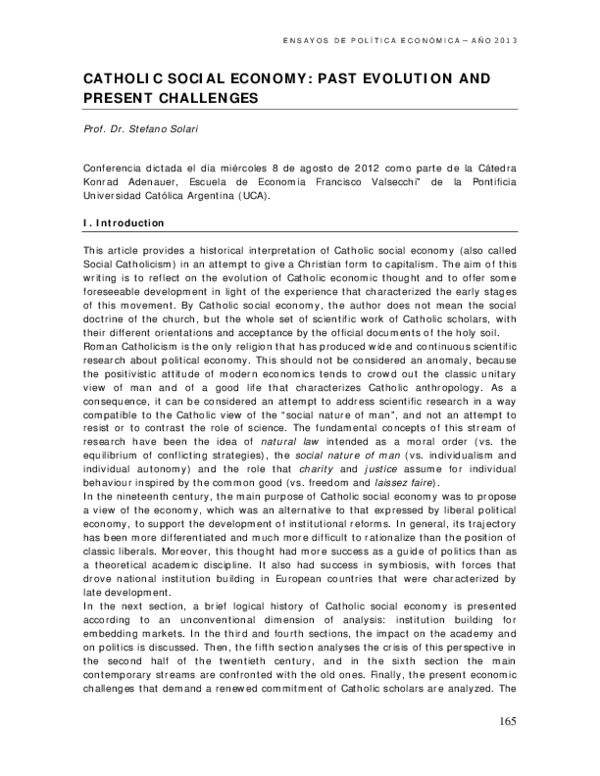 (PDF) Catholic social economy: past evolution and present challenges