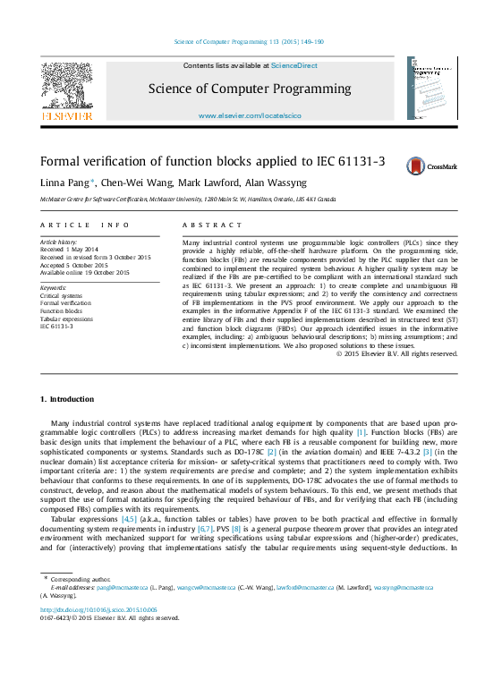 (PDF) Formal verification of function blocks applied to IEC 61131-3
