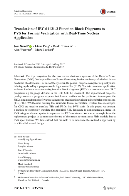 (PDF) Translation of IEC 61131-3 Function Block Diagrams to PVS for Formal Verification with ...