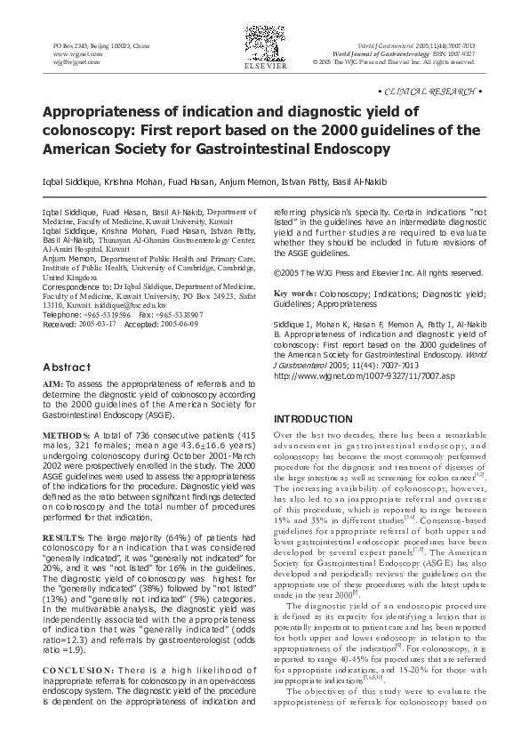 (PDF) Appropriateness of indication and diagnostic yield of colonoscopy ...