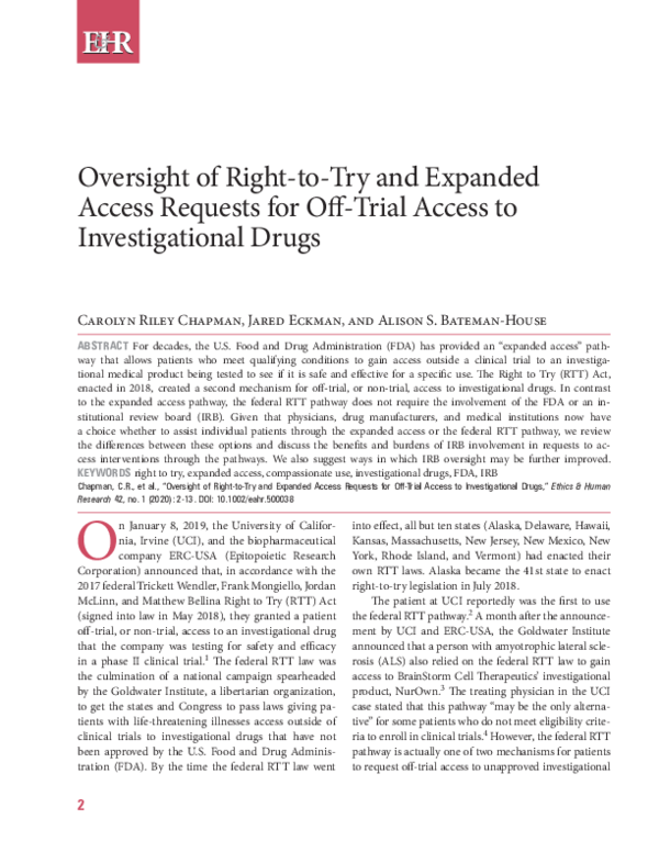 (PDF) Oversight of Right‐to‐Try and Expanded Access Requests for Off ...
