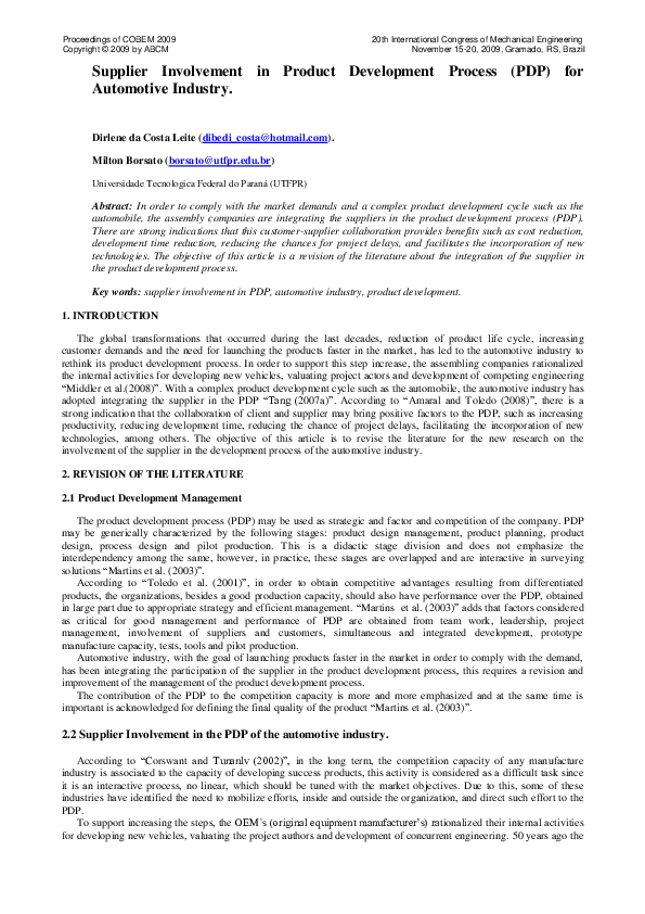 (PDF) Supplier Involvement in Product Development Process (PDP) for ...