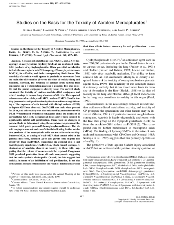 (PDF) Studies on the Basis for the Toxicity of Acrolein Mercapturates