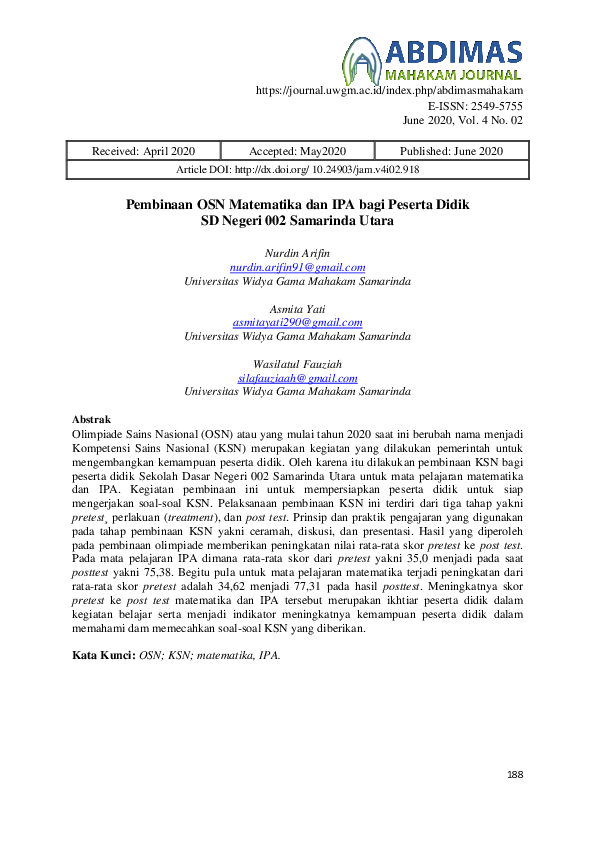 (PDF) Pembinaan OSN Matematika dan IPA bagi Peserta Didik SD Negeri 002 Samarinda Utara
