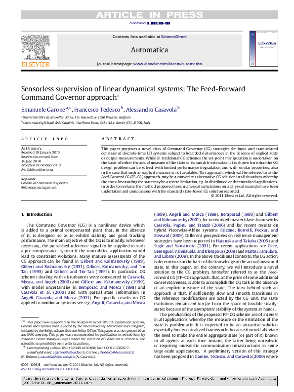 Pdf Sensorless Supervision Of Linear Dynamical Systems The Feed Forward Command Governor Approach