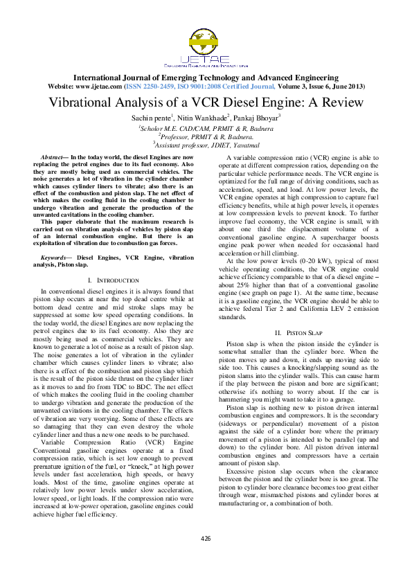(PDF) Vibrational Analysis of a VCR Diesel Engine: A Review