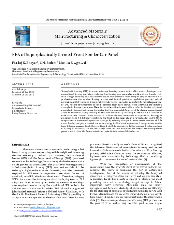 (PDF) Fea of Superplastically formed Front Fender Car Panel