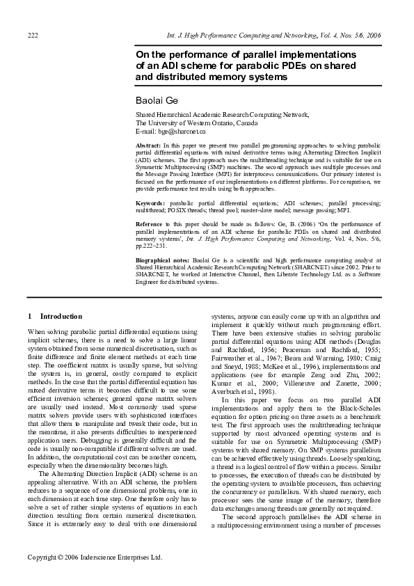 (PDF) On the performance of parallel implementations of an ADI scheme for parabolic PDEs on ...