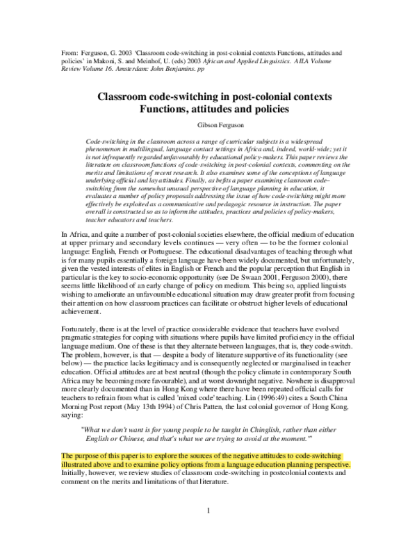 Pdf Classroom Code Switching In Post Colonial Contexts Functions Attitudes And Policies