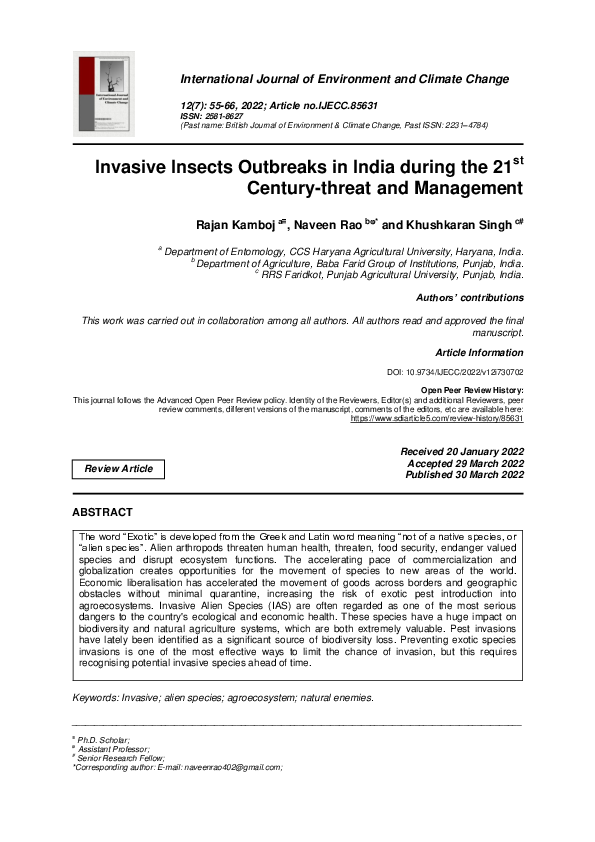(PDF) Invasive Insects Outbreaks in India during the 21st Century ...