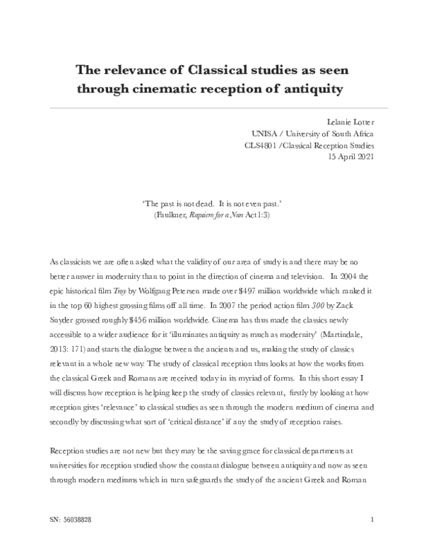 (PDF) The relevance of Classical studies as seen through cinematic ...