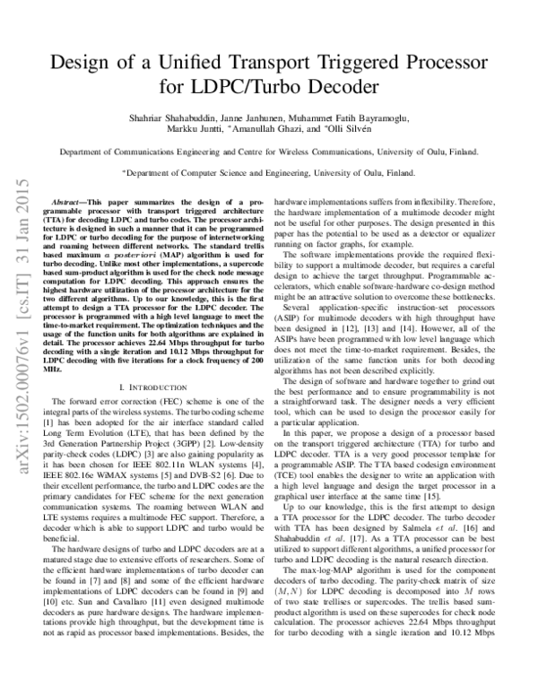 (PDF) Design of a unified transport triggered processor for LDPC/turbo decoder