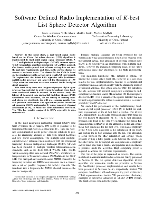 (PDF) Software defined radio implementation of K-best list sphere detector algorithm