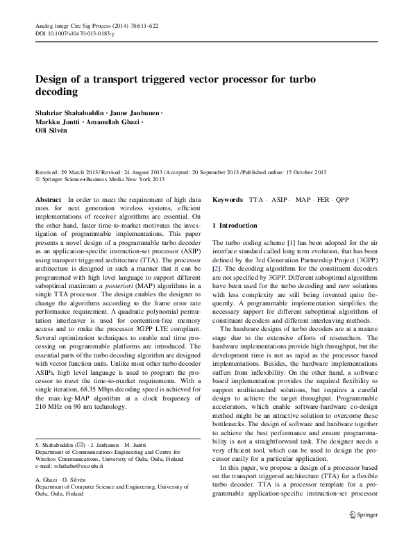 (PDF) Design of a transport triggered vector processor for turbo decoding