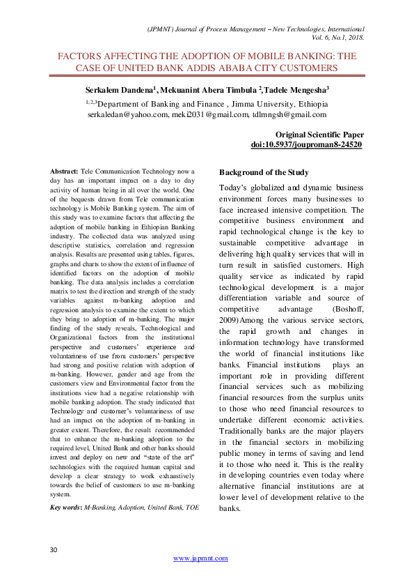 (PDF) Factors affecting the adoption of mobile banking: The case of United Bank Addis Ababa city ...