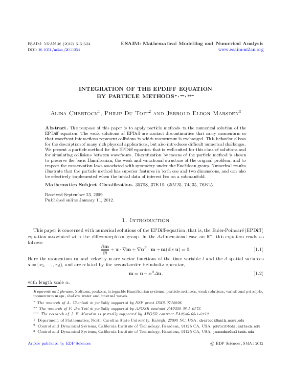 (PDF) Integration of the EPDiff equation by particle methods | Philip du Toit - Academia.edu