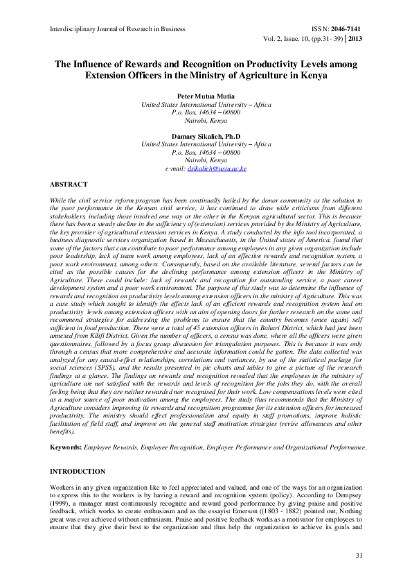 (PDF) The Influence of Rewards and Recognition on Productivity Levels ...