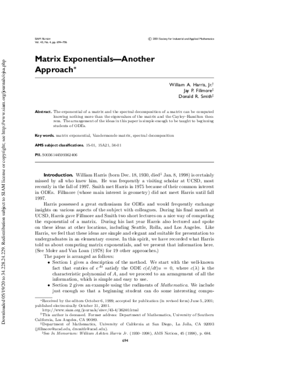 (PDF) Matrix Exponentials---Another Approach
