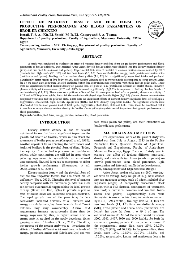 (PDF) Effect of Nutrient Density and Feed Form on Productive ...