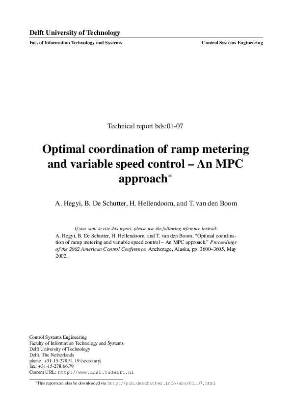 Pdf Optimal Coordination Of Ramp Metering And Variable Speed Control