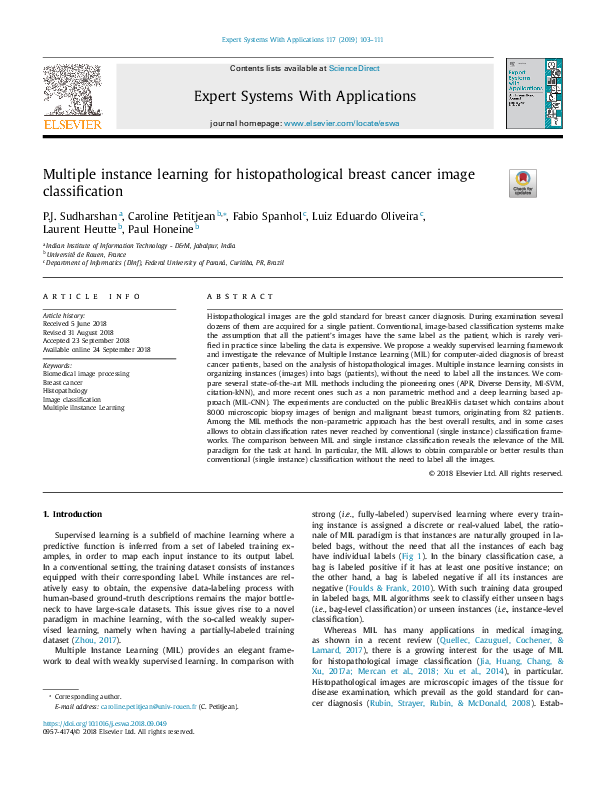 (PDF) Multiple instance learning for histopathological breast cancer image classification