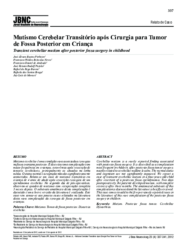 (PDF) Mutismo Cerebelar Transitório após Cirurgia para Tumor de Fossa ...