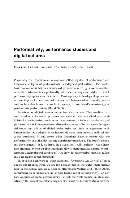 (PDF) Performativity, performance studies and digital cultures
