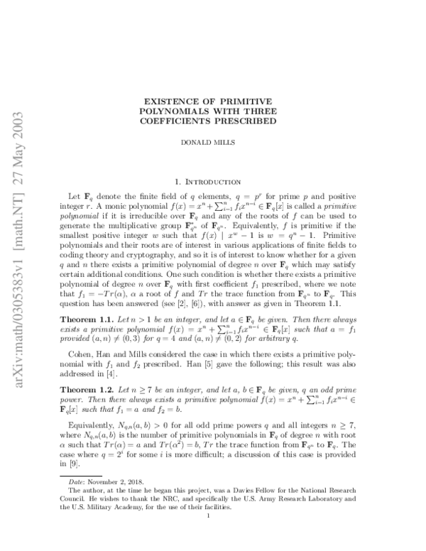(PDF) Existence of primitive polynomials with three coefficients prescribed