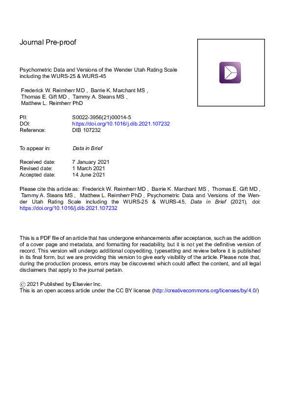 (PDF) Psychometric data and versions of the Wender Utah Rating Scale ...