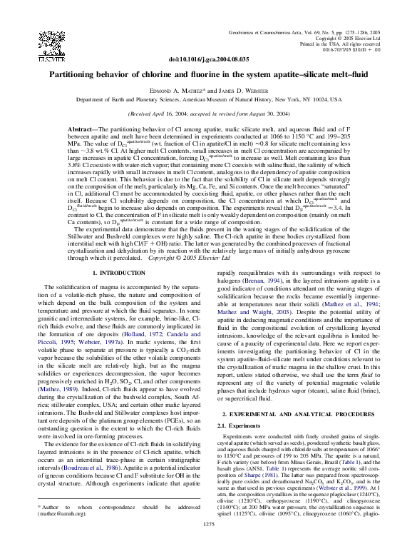(PDF) Partitioning behavior of chlorine and fluorine in the system apatite-silicate melt-fluid