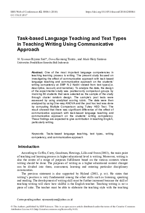 Pdf Task Based Language Teaching And Text Types In Teaching Writing Using Communicative