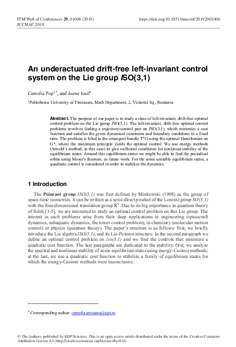 (PDF) An underactuated drift-free left-invariant control system on the Lie group ISO(3,1)