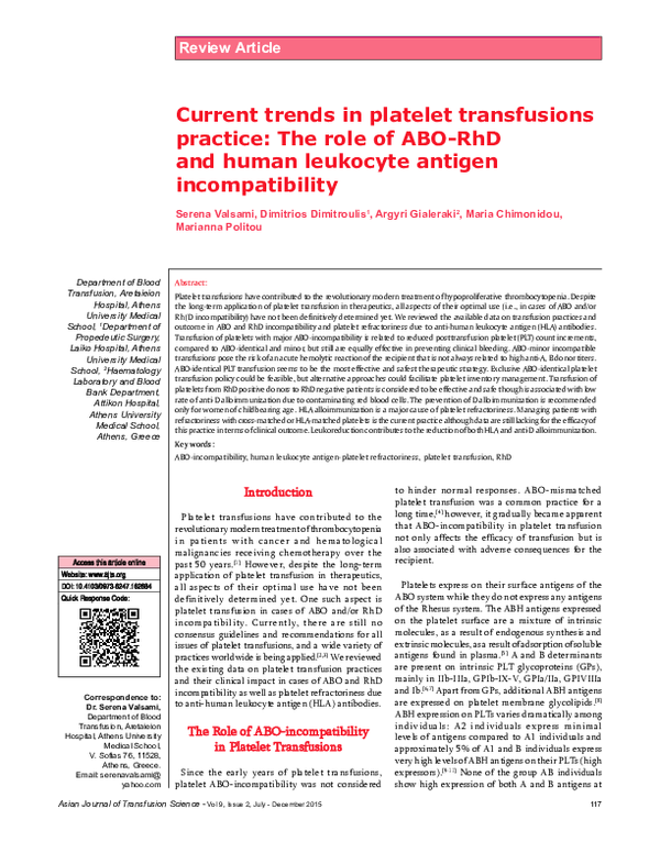 (PDF) Current trends in platelet transfusions practice: The role of ABO ...