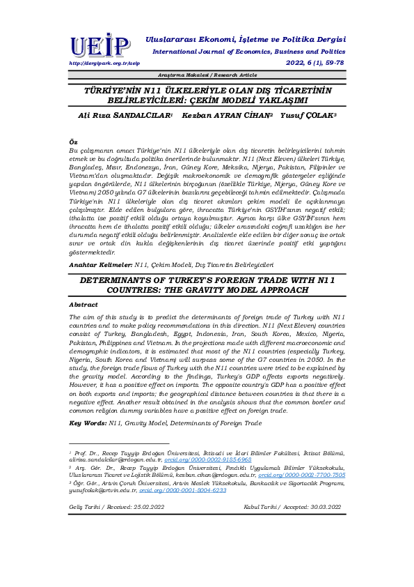 (PDF) TÜRKİYE’NİN N11 ÜLKELERİYLE OLAN DIŞ TİCARETİNİN BELİRLEYİCİLERİ ...