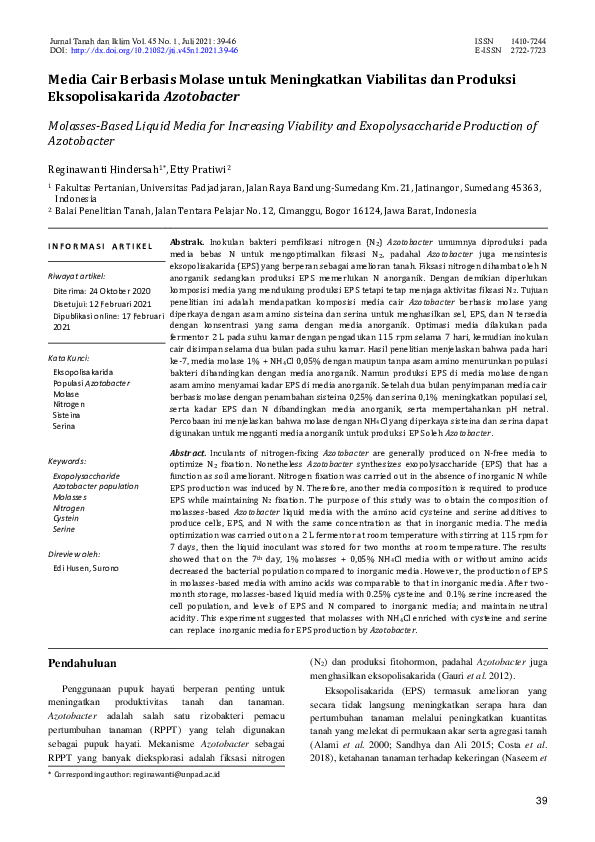 (PDF) Media Cair Berbasis Molase untuk Meningkatkan Viabilitas dan ...