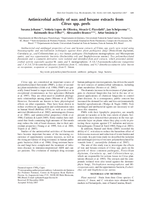 Pdf Antimicrobial Activity Of Wax And Hexane Extracts From Citrus Spp
