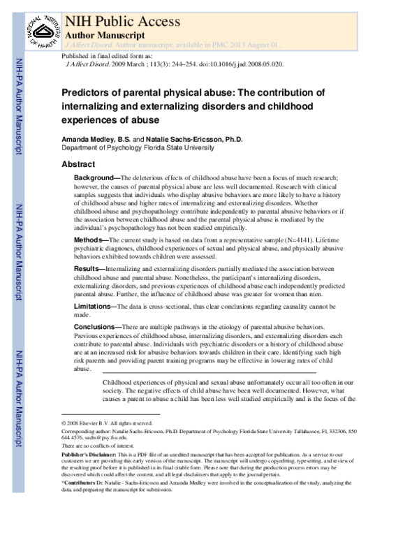 (PDF) Predictors of parental physical abuse: The contribution of internalizing and externalizing ...
