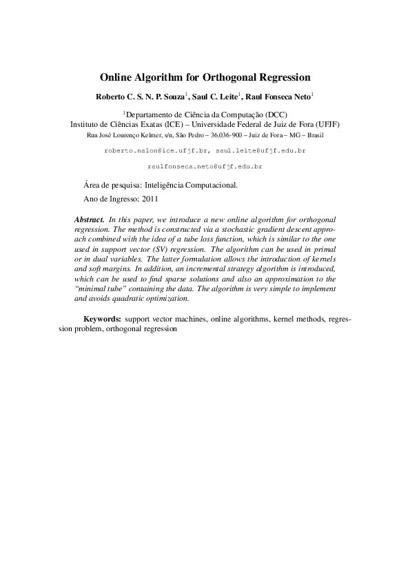 (PDF) Online Algorithm for Orthogonal Regression