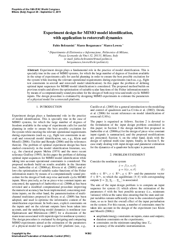 Pdf Experiment Design For Mimo Model Identification With Application To Rotorcraft Dynamics