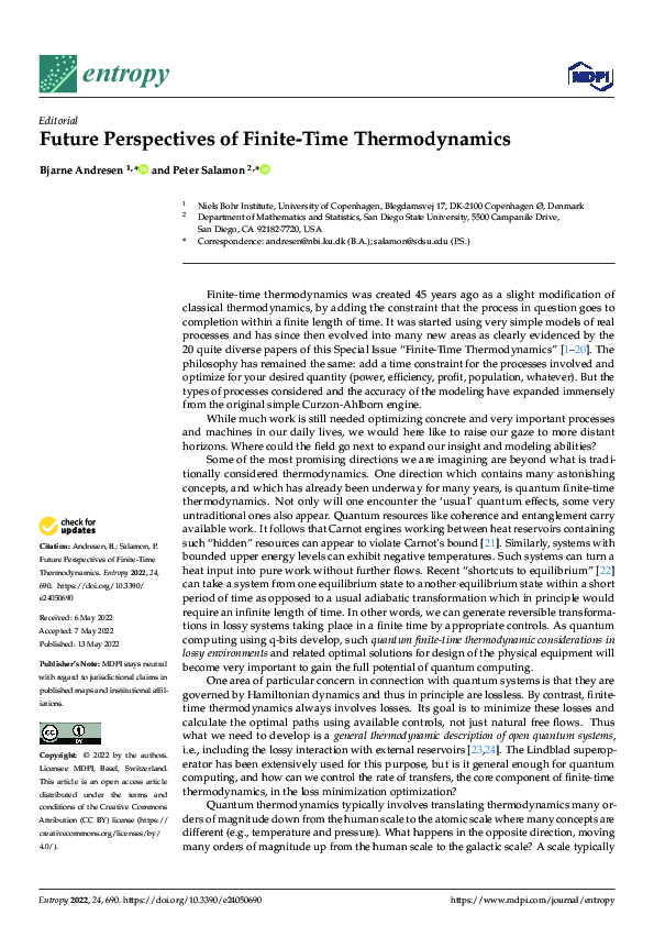 (PDF) Future Perspectives of Finite-Time Thermodynamics