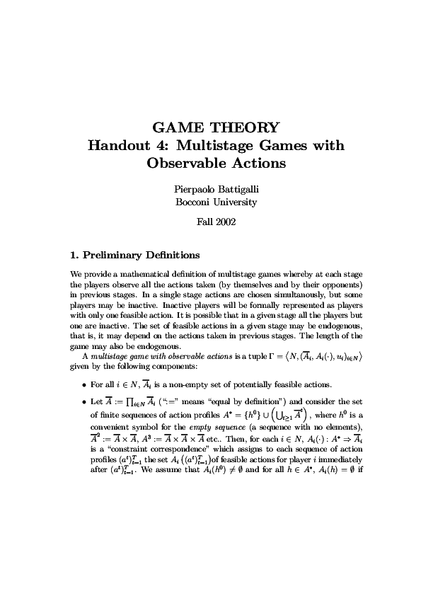 (PDF) GAME THEORY Handout 4: Multistage Games with Observable Actions