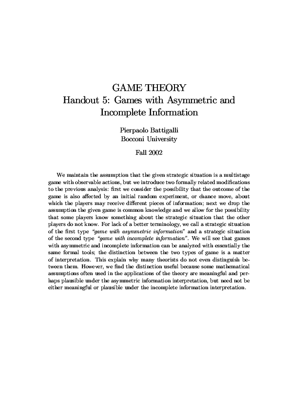 (PDF) GAME THEORY Handout 5: Games with Asymmetric and Incomplete ...