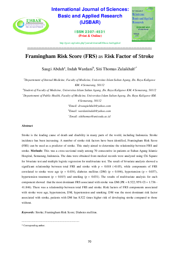 (PDF) Framingham Risk Score (FRS) as Risk Factor of Stroke