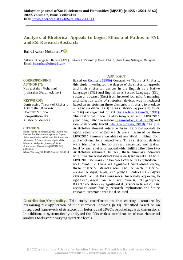 (PDF) Analysis of Rhetorical Appeals to Logos, Ethos and Pathos in ENL ...