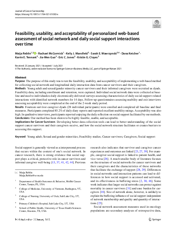 Pdf Feasibility Usability And Acceptability Of Personalized Web Based Assessment Of Social