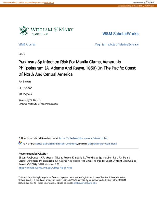 (PDF) Perkinsus sp. infection risk for Manila clams, Venerupis ...