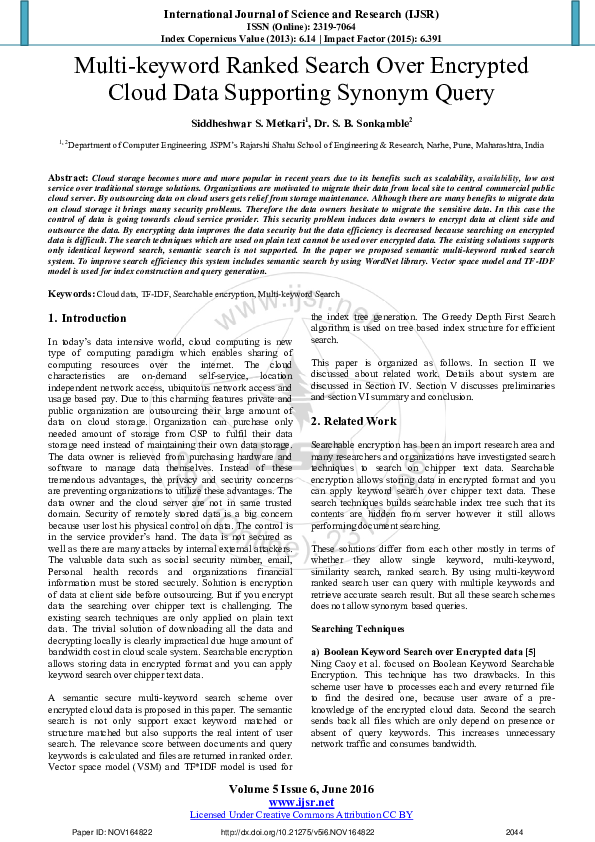 Pdf Multi Keyword Ranked Search Over Encrypted Cloud Data Supporting Synonym Query Dr K