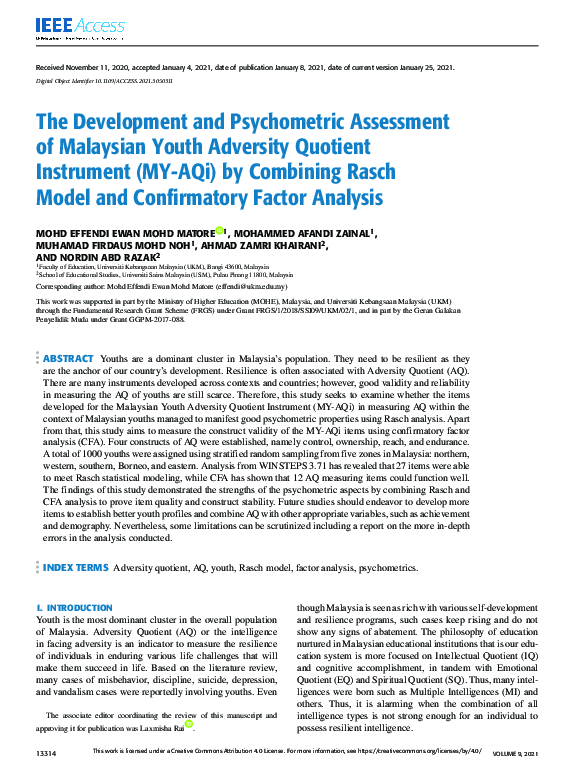 (PDF) The Development and Psychometric Assessment of Malaysian Youth Adversity Quotient ...